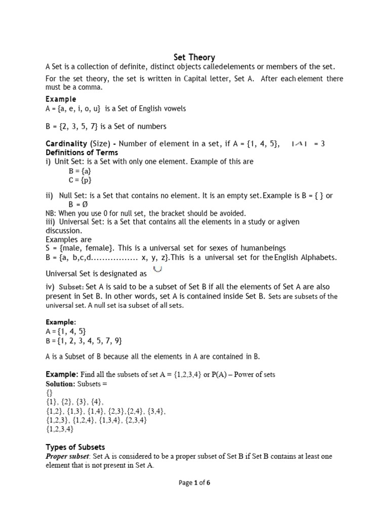 1.1 Set Theory | PDF | Set (Mathematics) | Subset