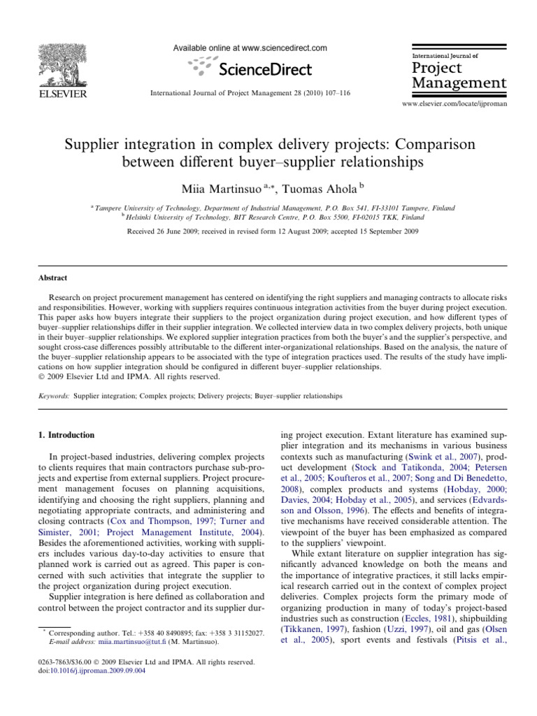 Supplier Integration in Complex Delivery Projects: Comparison Between ... Supplier Integration in Complex Delivery Projects: Comparison Between ...