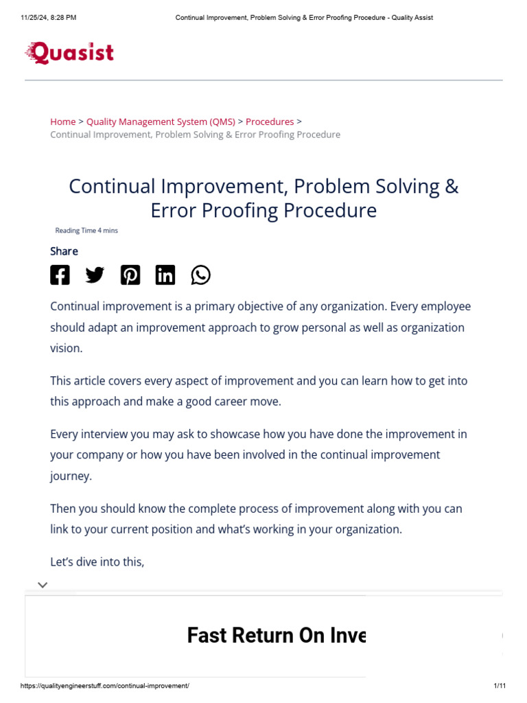 Continual Improvement, Problem Solving & Error Proofing Procedure ...