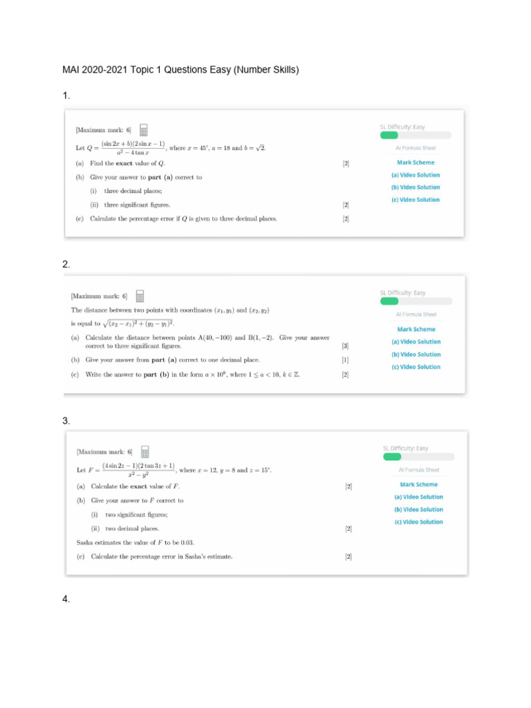 MAI 2020 2021 Topic 1 Questions Number Skills | PDF