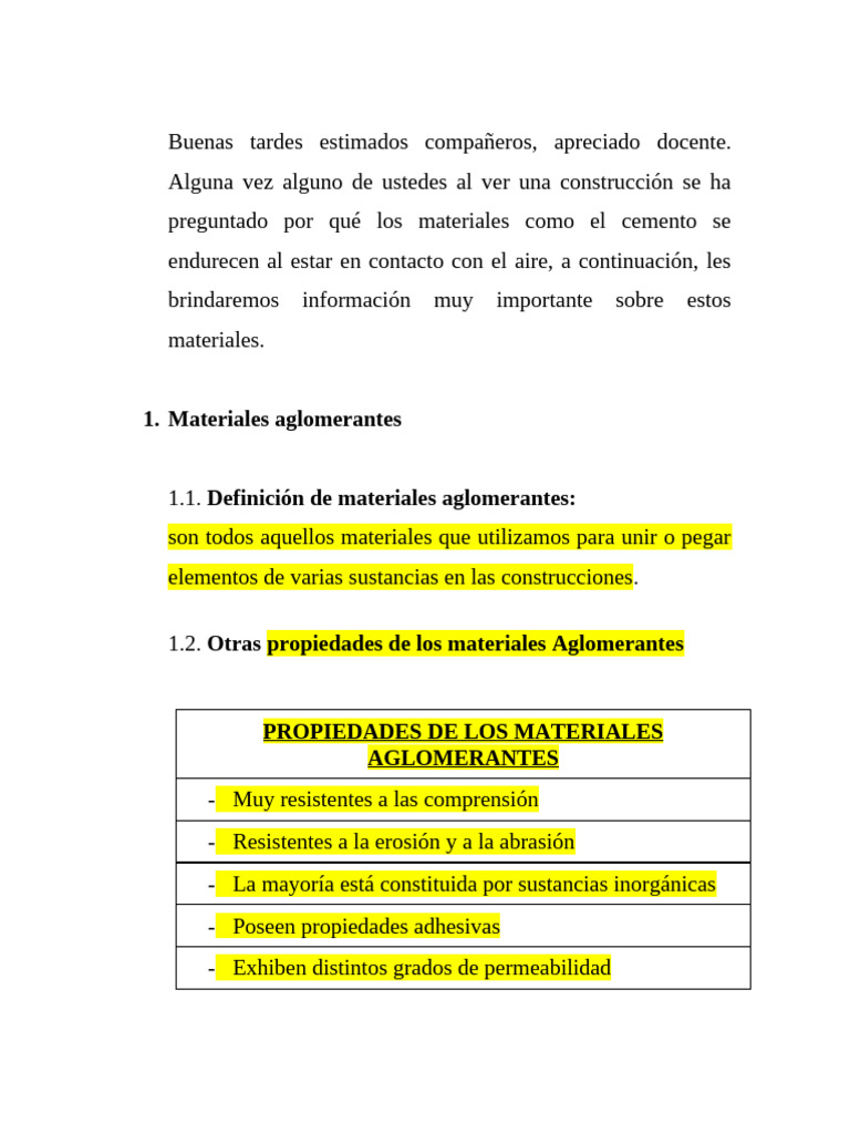 Materiales Aglomerantes Exponer | PDF | Yeso | Hormigón