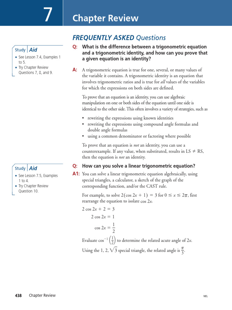 7.0 Chapter Review | PDF | Trigonometric Functions | Equations