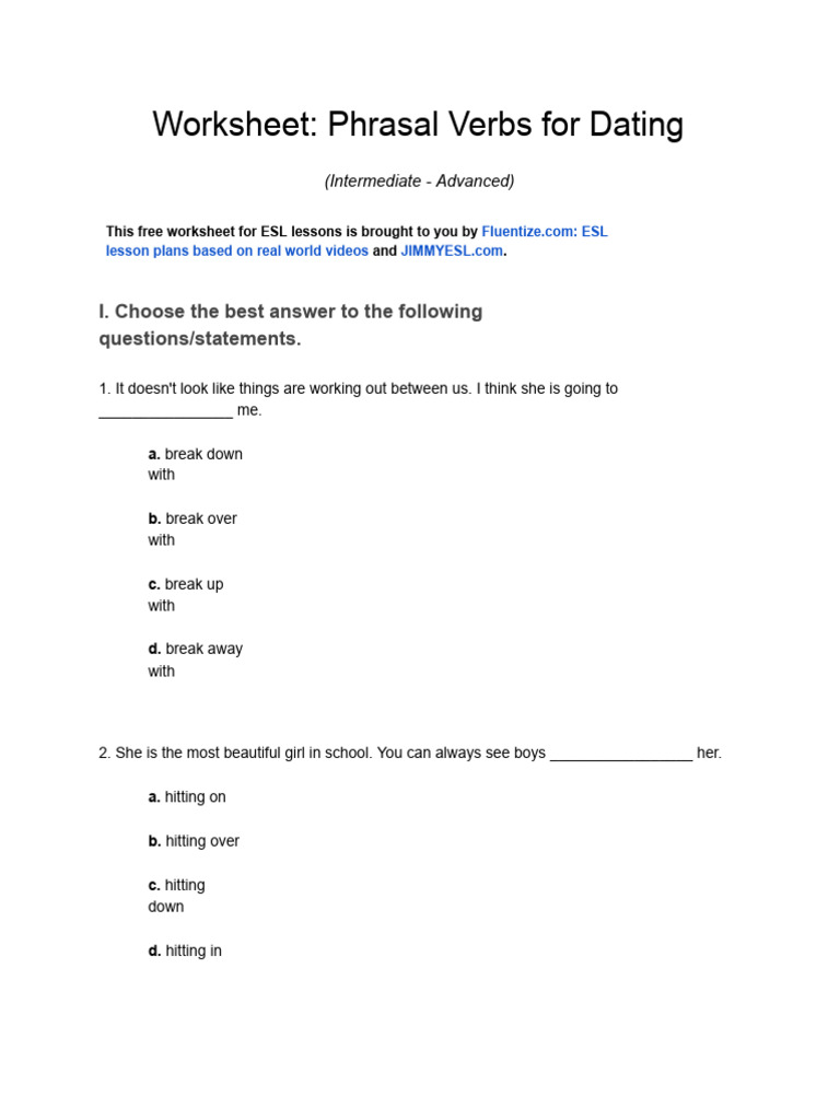 Phrasal Verbs for Dating Worksheet | PDF