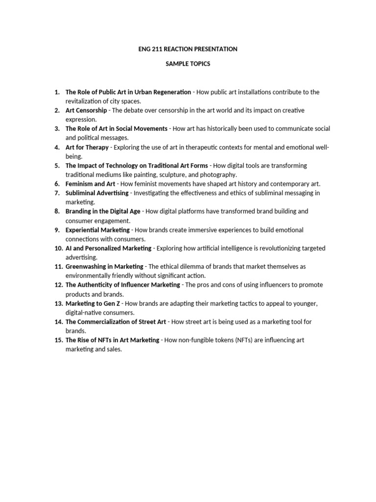 ENG 211 Reaction Presentation Topics | PDF