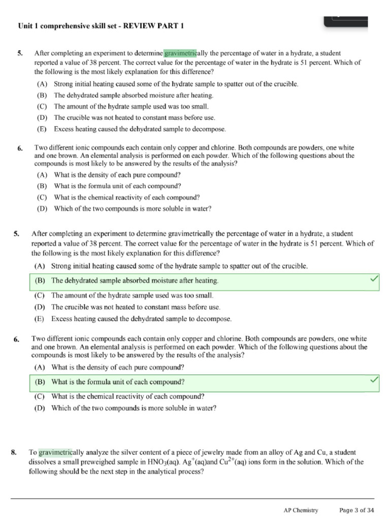 Gravimetric Analysis FRQ and MCQs | PDF