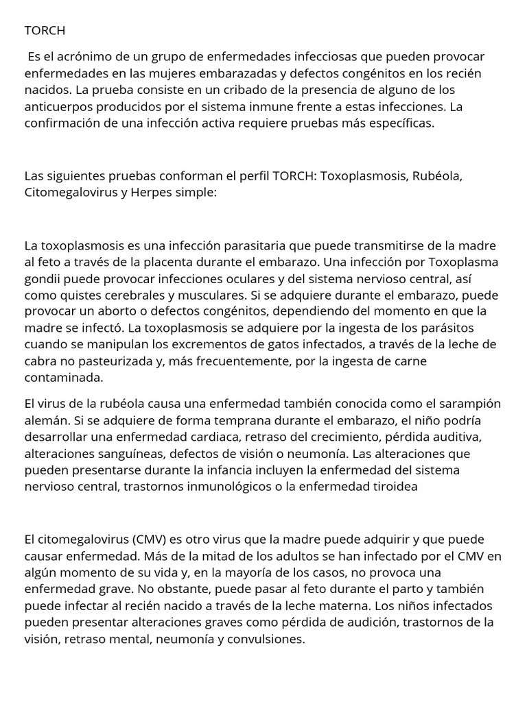 TORCH Es El Acrónimo de Un Grupo de Enfermedades Infecciosas Que Pueden ...