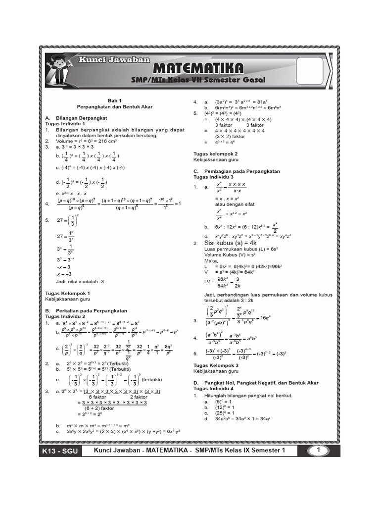 KUNCI - Matematika 9 Smt1 # SGU | PDF