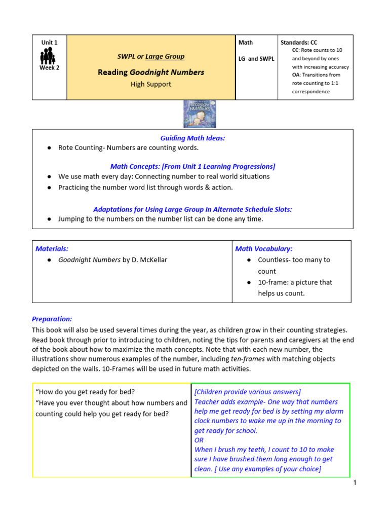 Math Large Group - Good Night Numbers | PDF | Learning | Cognitive Science
