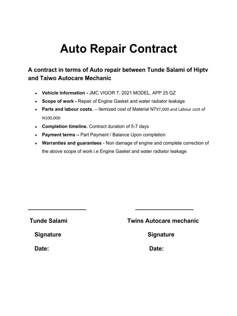 Auto Repair Contract | PDF