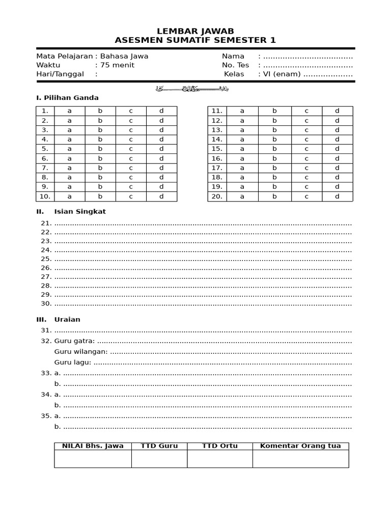 Lembar Jawab Asas1 BHS Jawa KLS 6 TP.2425 | PDF