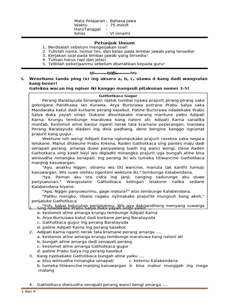 Soal Asas 1 Bhs Jawa Kls 6 Tp.2425 | PDF