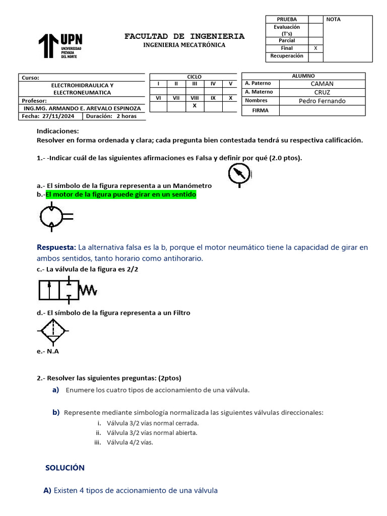 Examen Final - Electrohidráulica y Electroneumática - 2024 - II UPN | PDF | Solenoide ...