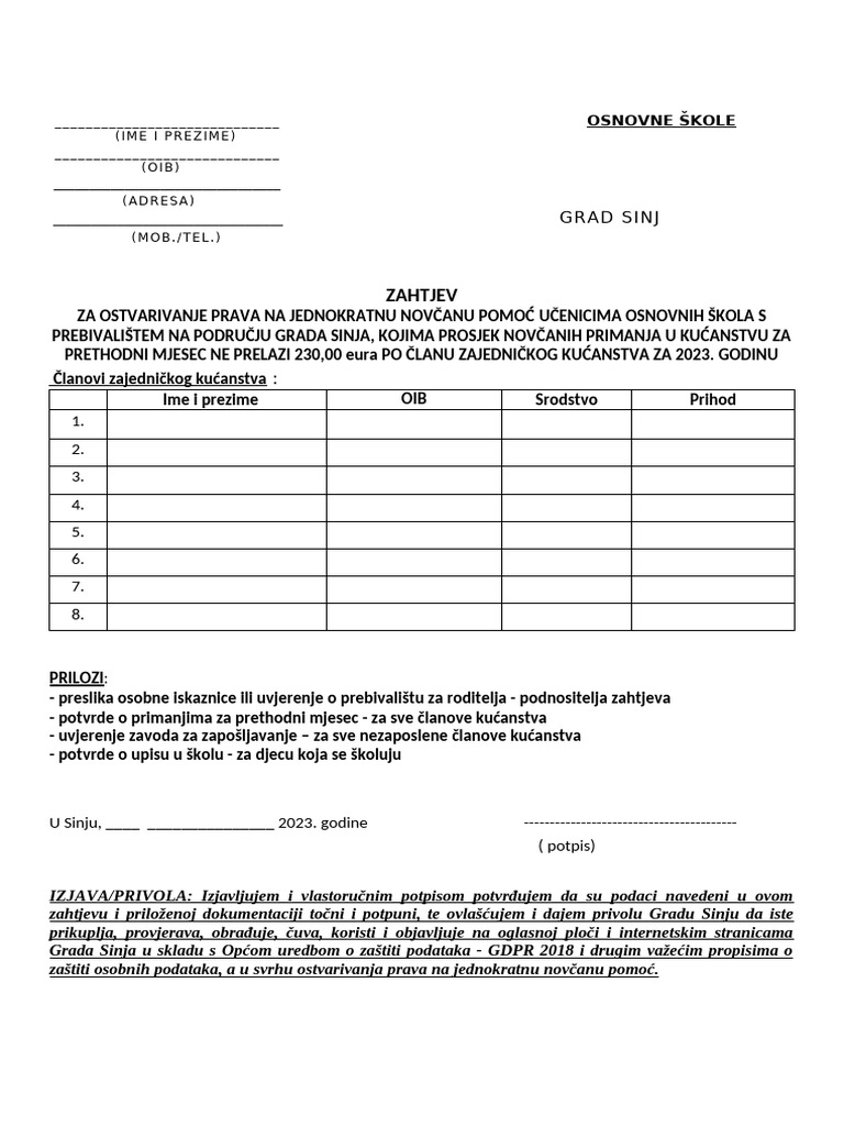 Obrazac Zahtjeva Za Jednokratnu Novcanu Pomoc Ucenicima OS 2023 1 | PDF