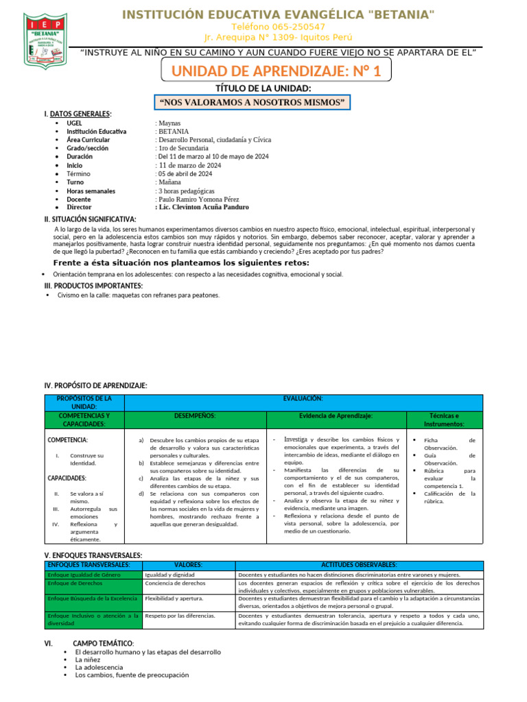 Unidad DPCC Del 1ro - 5to | PDF | Aprendizaje | Las emociones