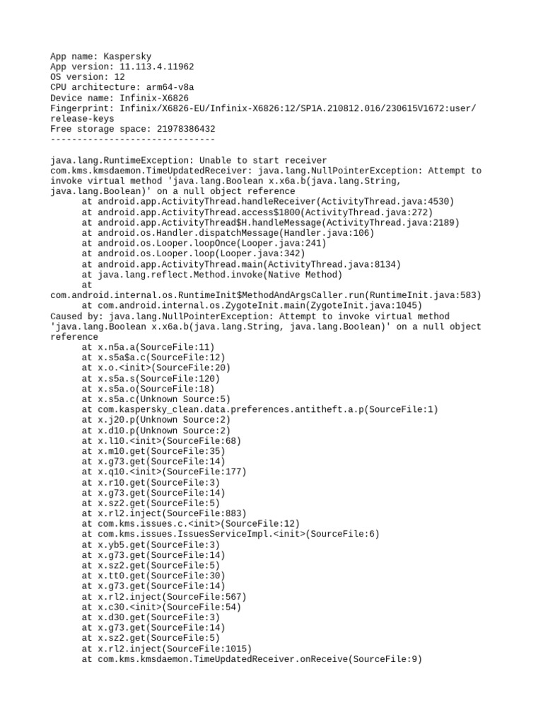 Kaspersky App Error: NullPointerException | PDF | Java (Programming Language) | Computer Programming
