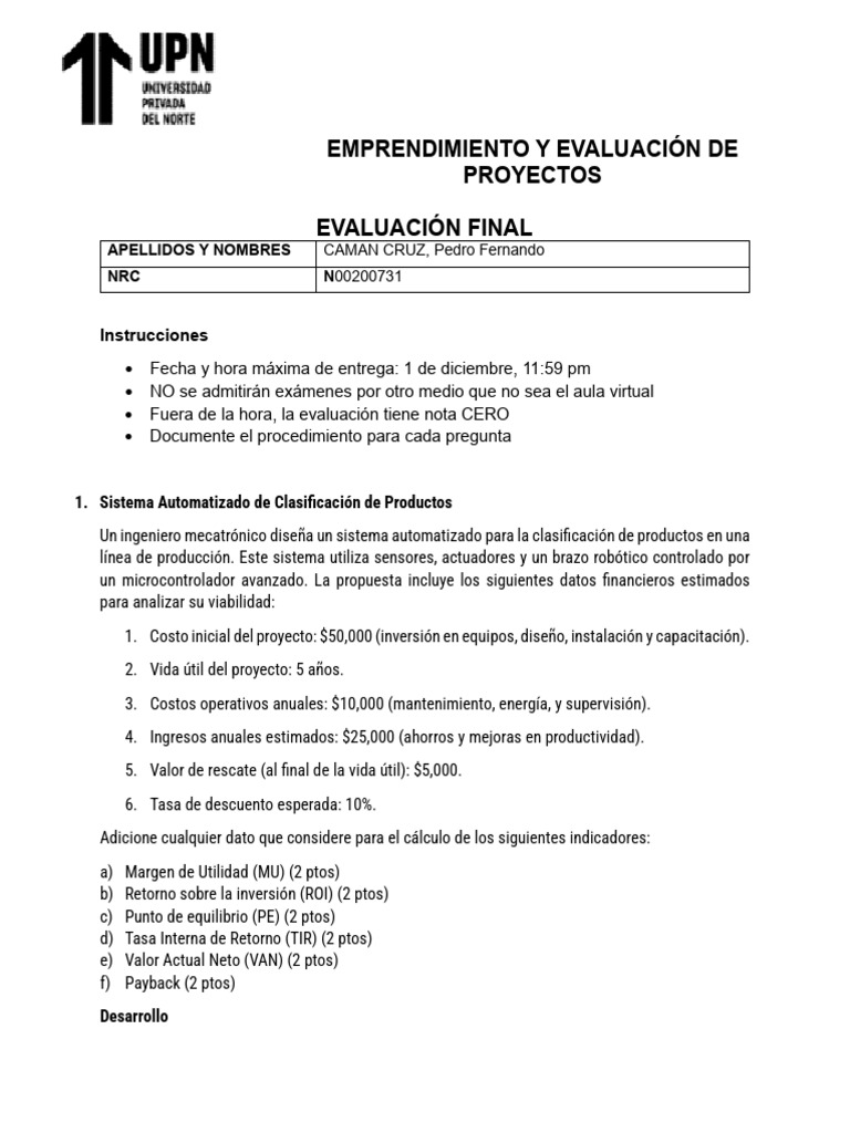 Examen Final - Emprendimiento y Evaluación de Proyectos 2024 - II UPN | PDF | Plan de negocios ...