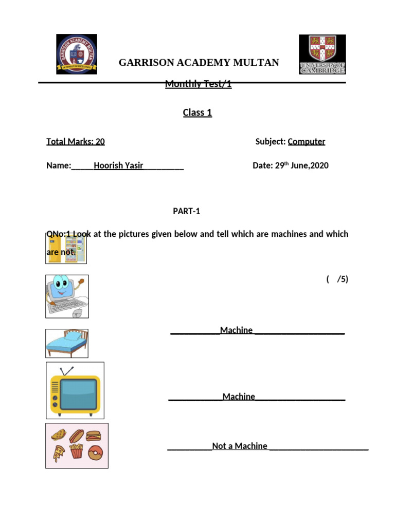 1st Monthly Test Class 1 | PDF