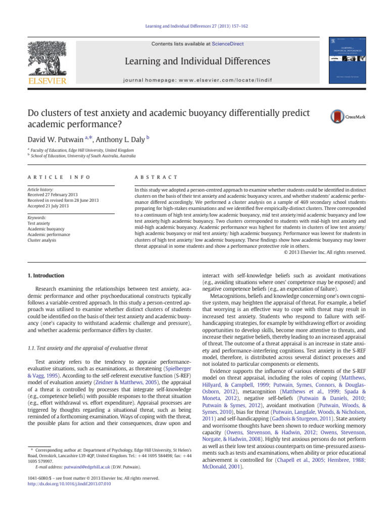 Test Anxiety and Academic Performance Clusters | PDF | Anxiety ...