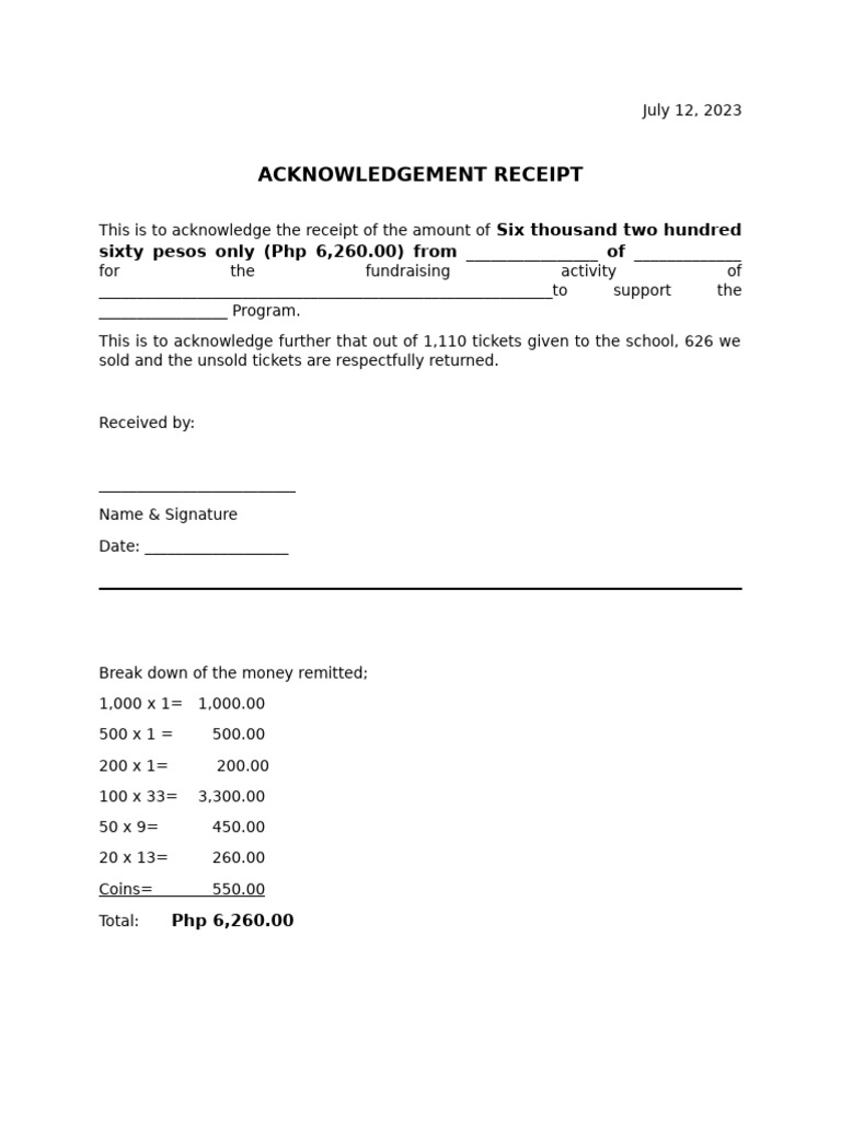 Acknowledgement Receipt - Sample | PDF