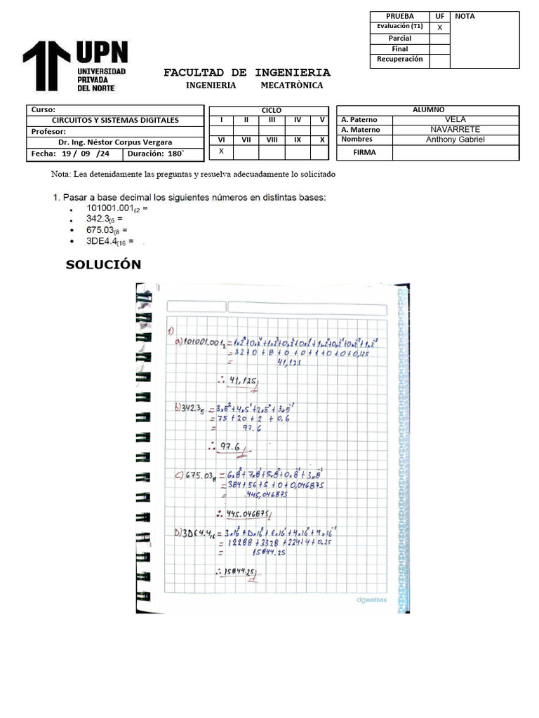 Examen T1 - Circuitos y Sistemas Digitales UPN 2024 - II | PDF