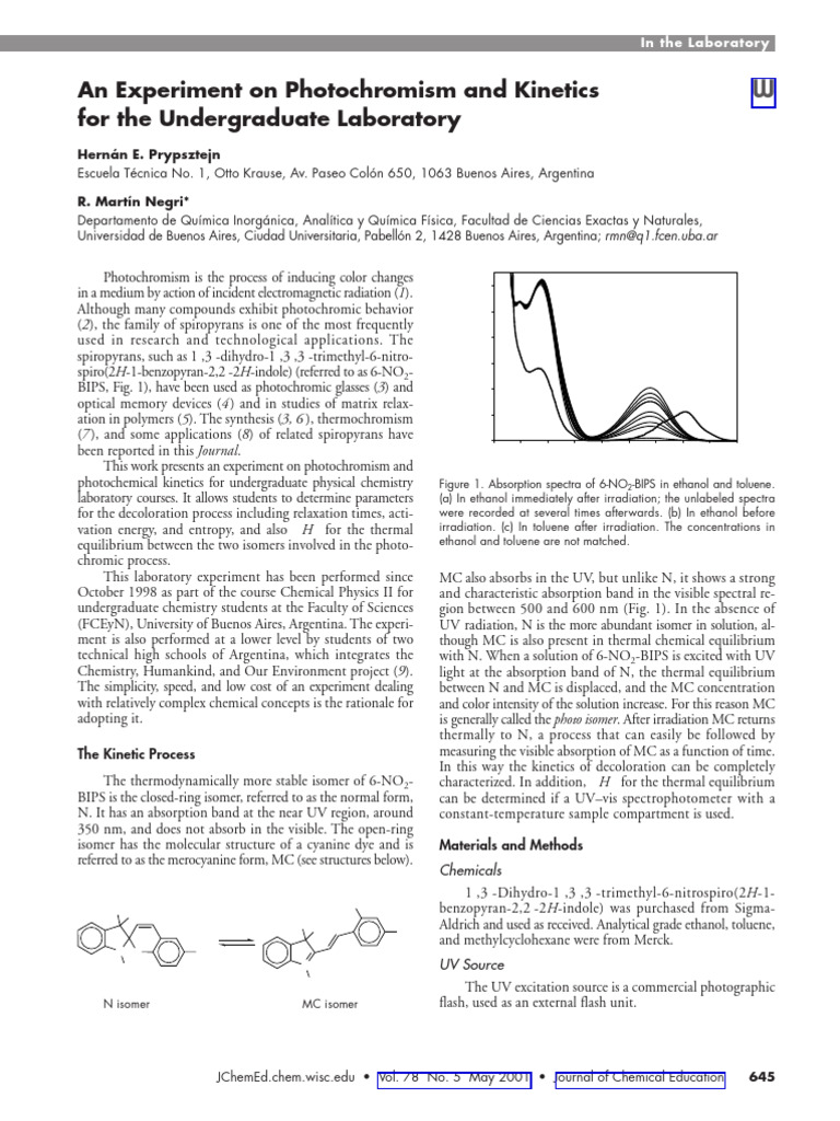 An Experiment On Photochromism and Kinetics For The Undergraduate Laboratory | PDF | Absorbance ...