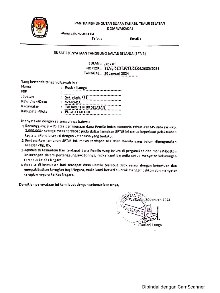 Surat Dan Lampiran SPTJ Jan | PDF
