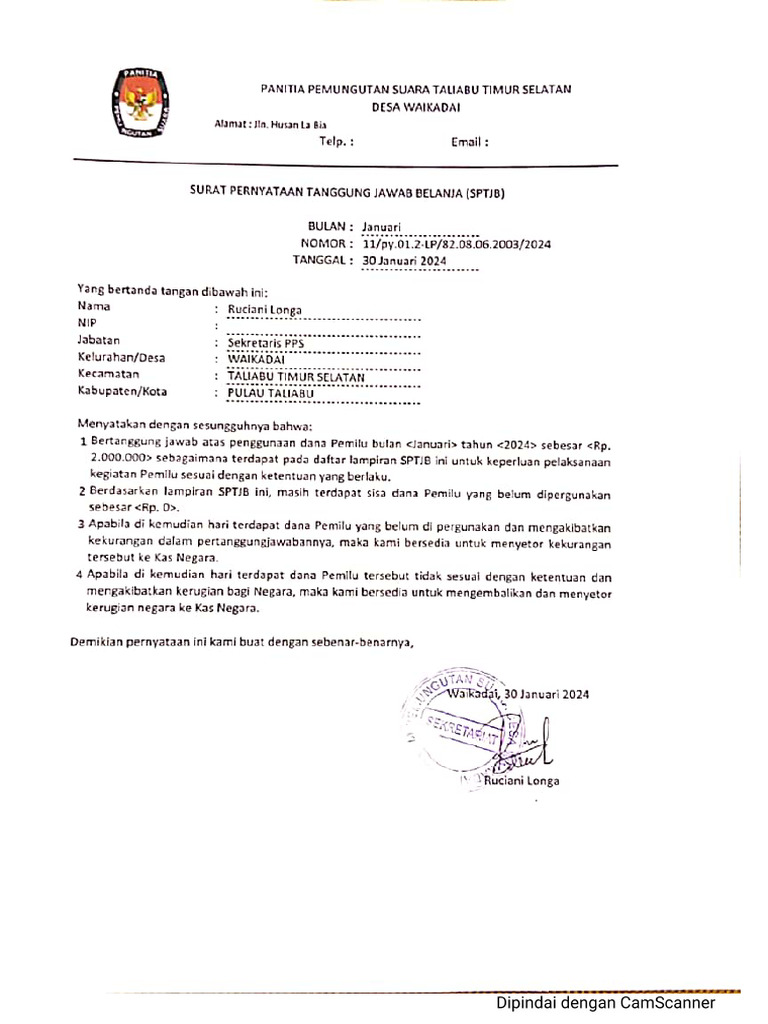 Surat SPTJ Jan | PDF