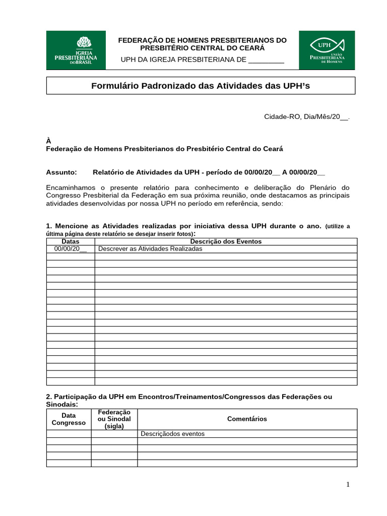 Formulário Padronizado Das Atividades Das UPHs - PCCE | PDF