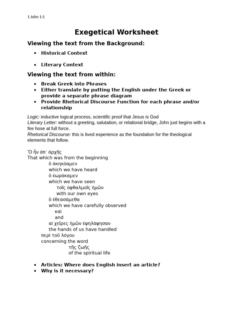 Exegetical Worksheet WK 1 | PDF | Semantics | Phrase