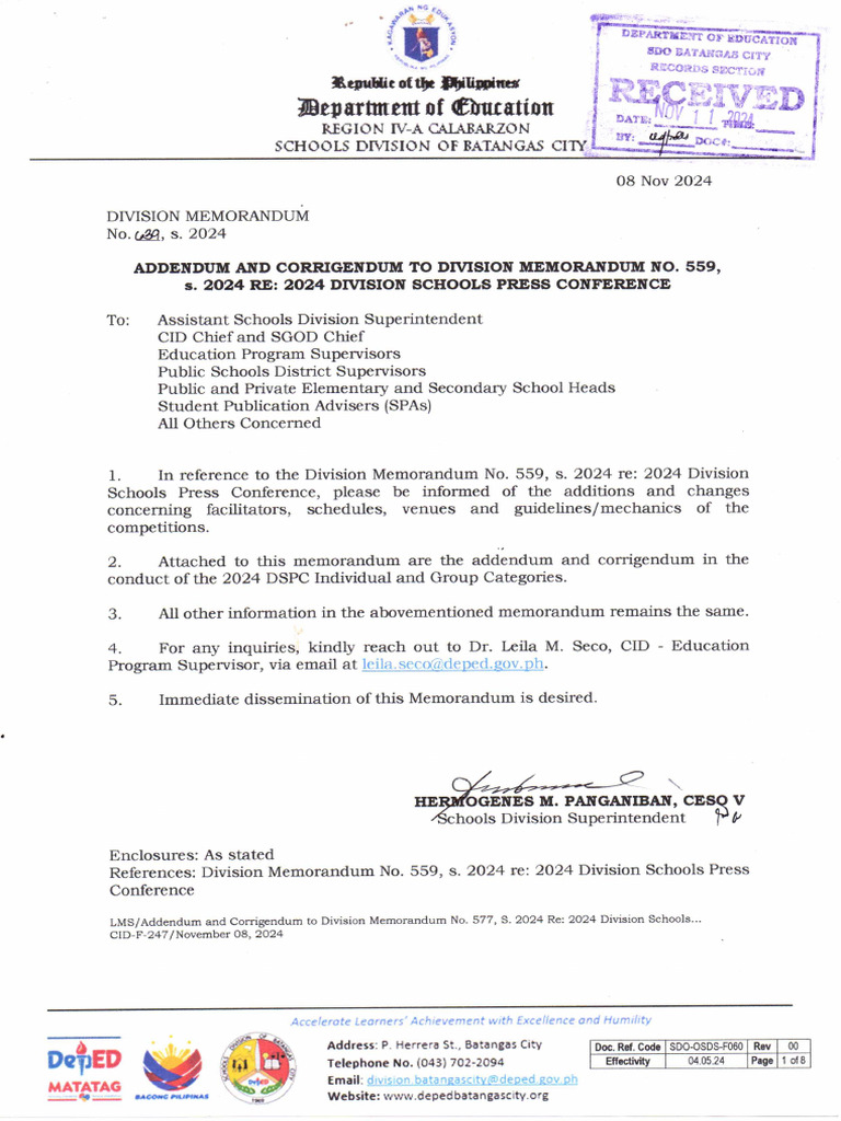 DIVISION MEMORANDUM No. 639 s.2024 Addendum and Corrigendum To Division ...