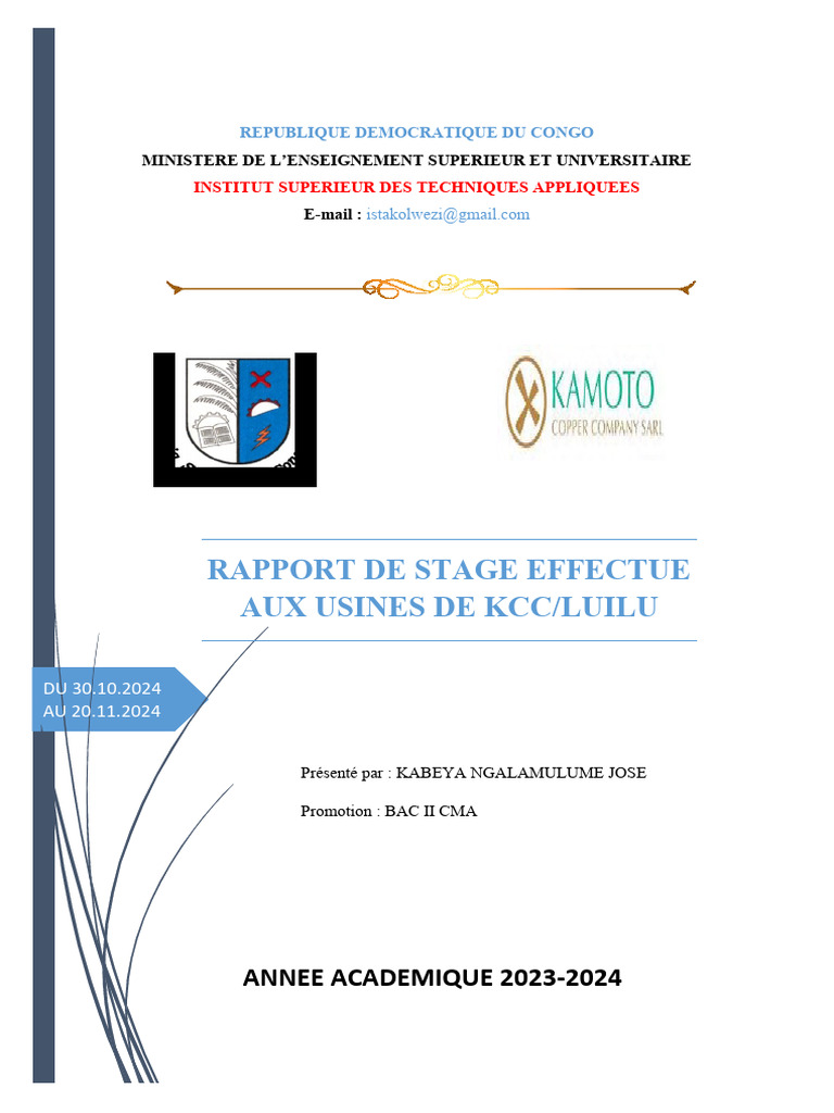 Rapport de stage à KCC/Luilu | PDF | Chimie | Substances chimiques