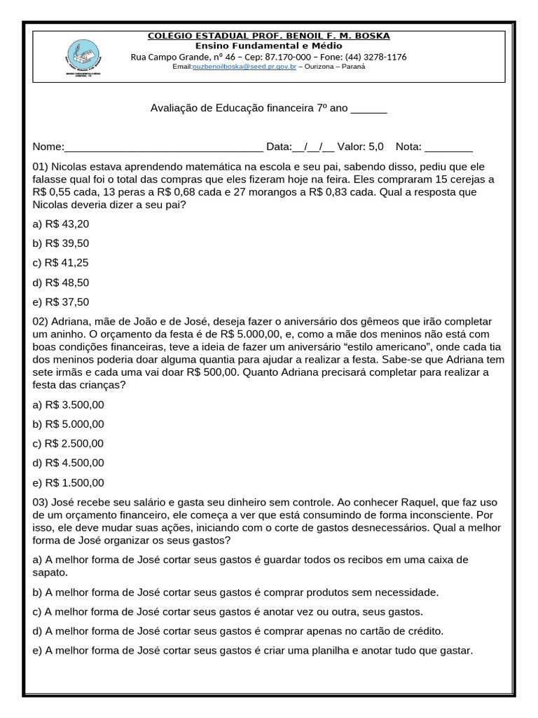 Avaliação Ed Finan 7 Ano 1 Trim | PDF | Dinheiro | Moeda