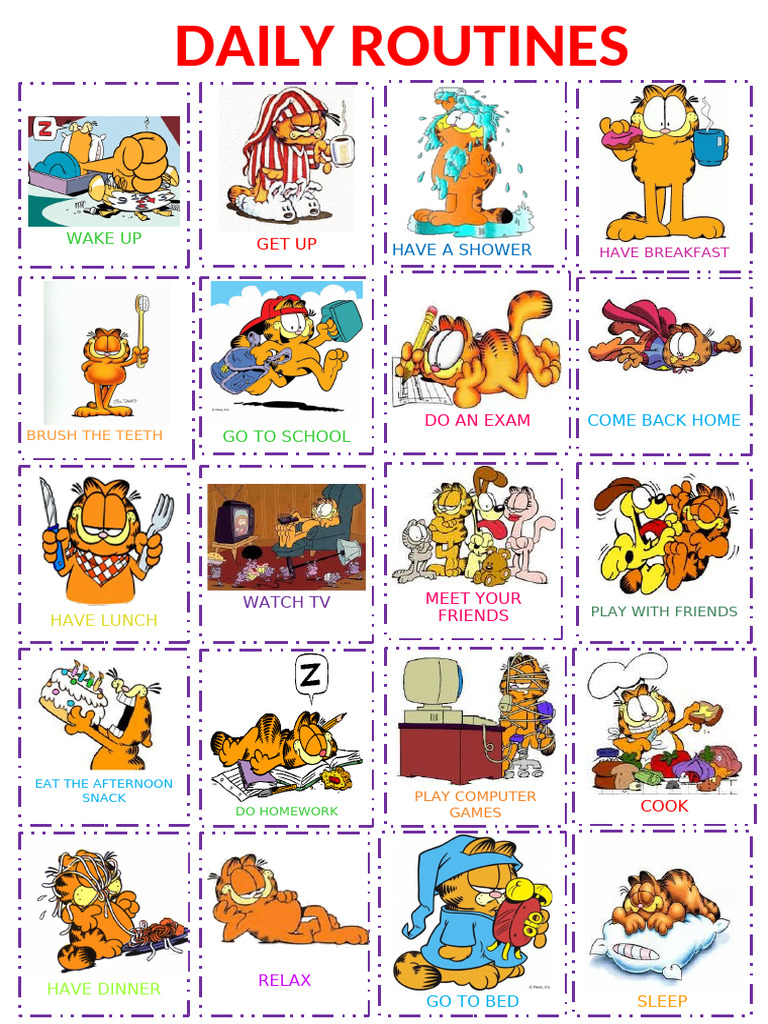 Garfield Daily Routines Posterflash Cards Set Flashcards Fun Activities ...