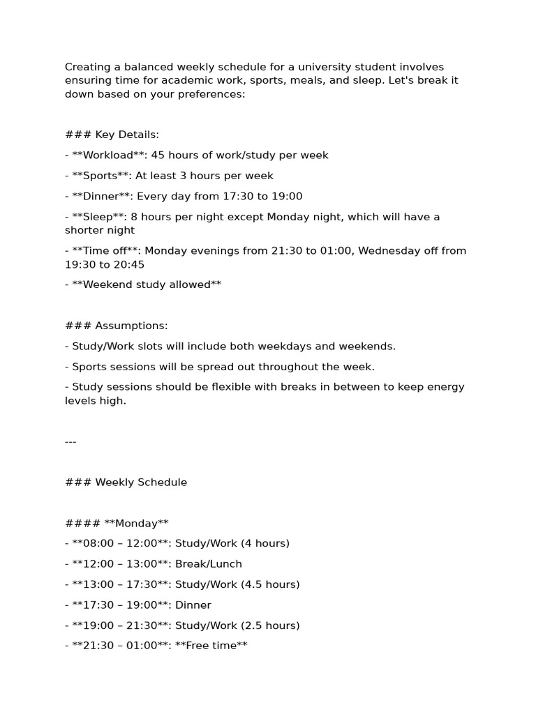 Balanced Weekly Schedule for Students | PDF | Lunch | Workweek And Weekend