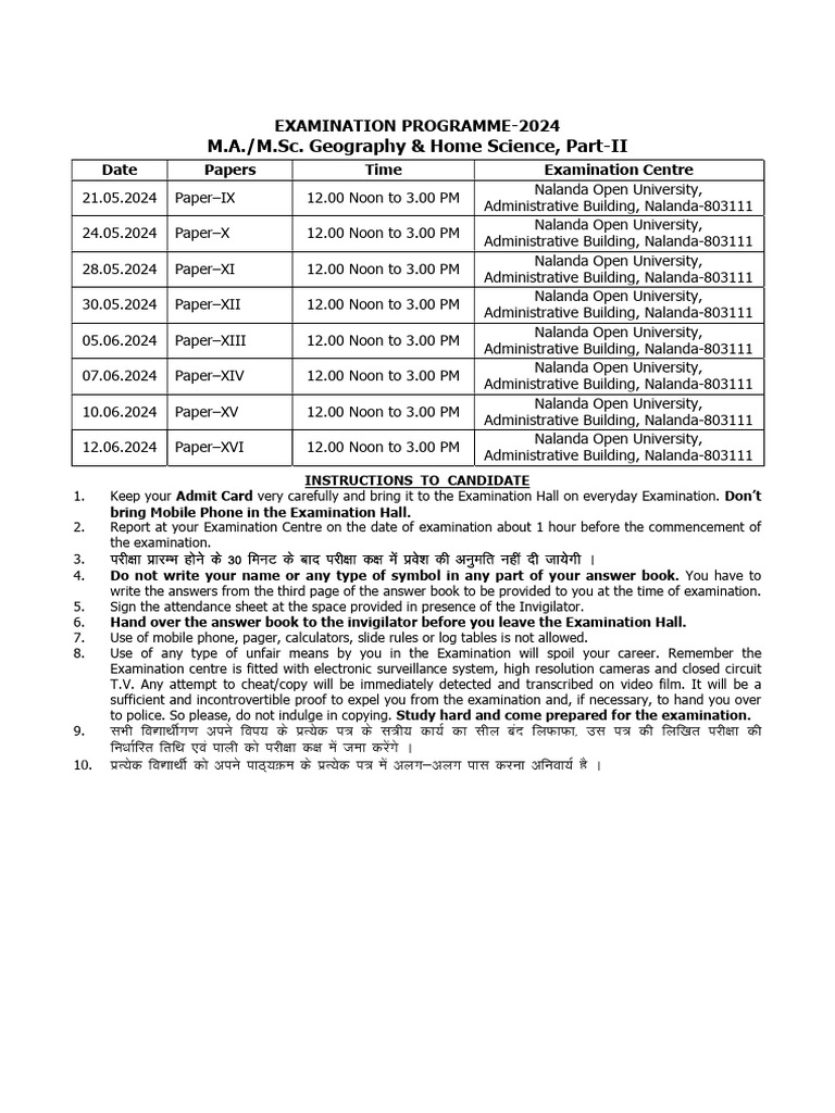 MA MSC Geography Home Science Part-II Examination Programme-2024 | PDF