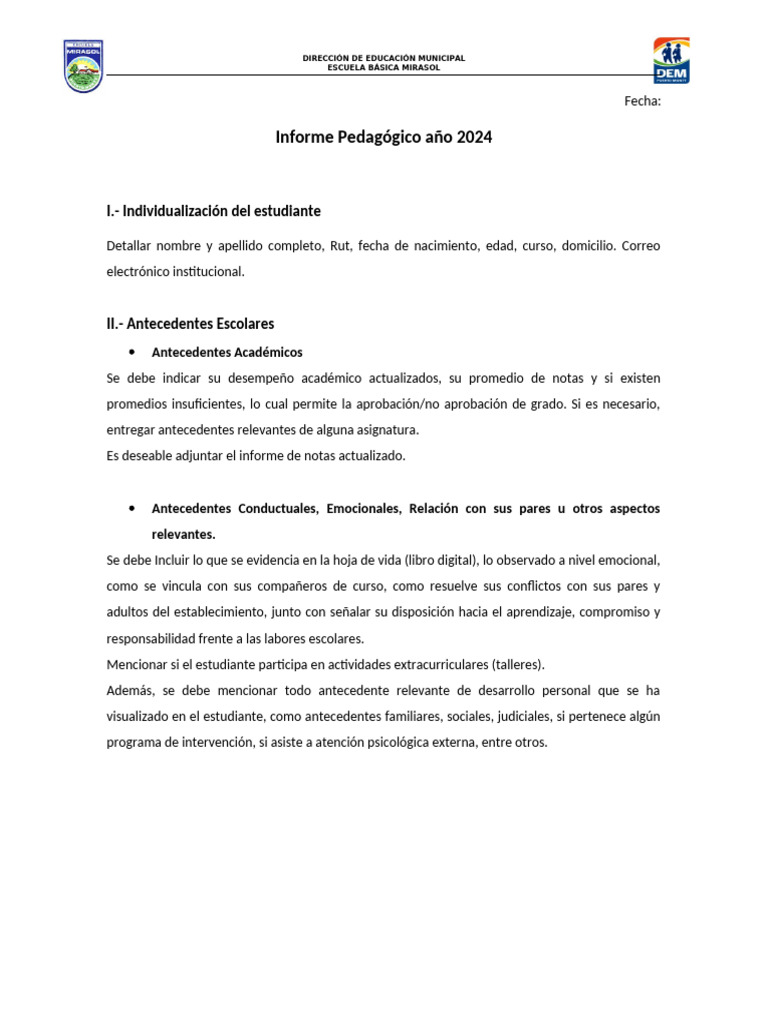 Formato Informe Pedagogico | PDF | Escuelas | Modificación de ...
