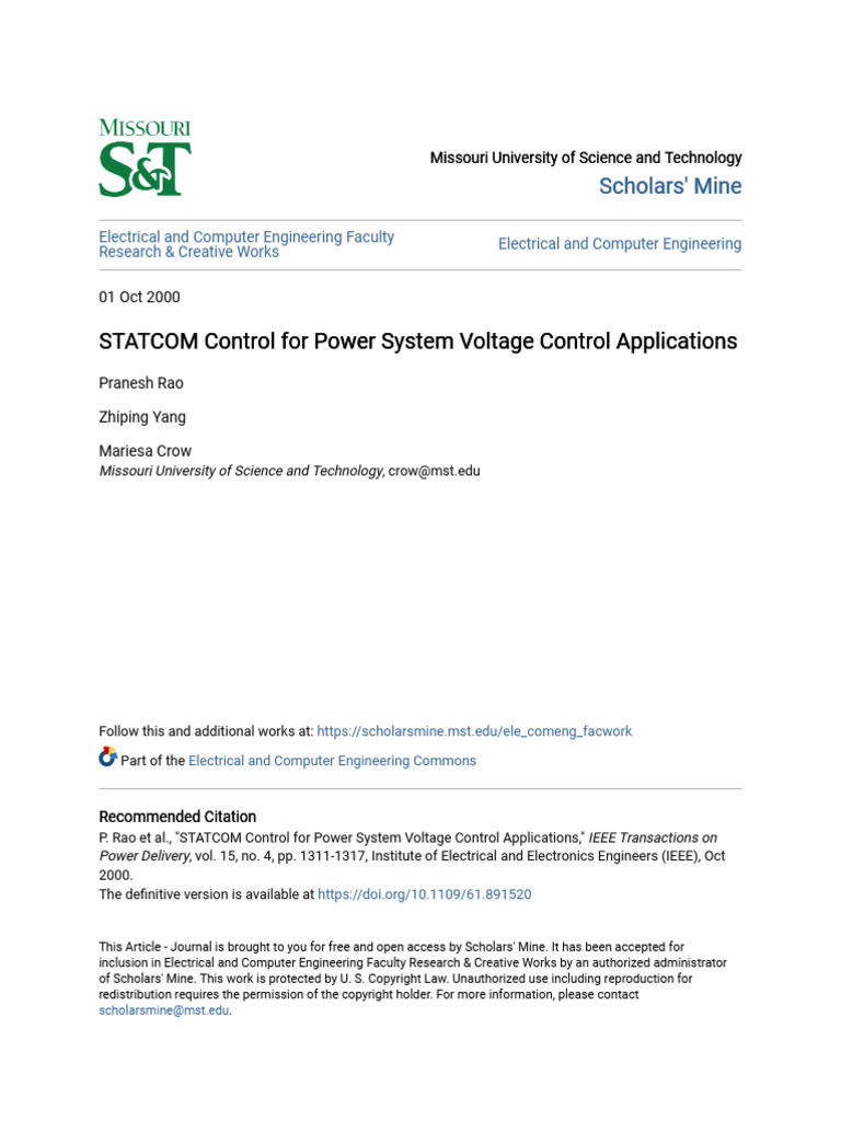 STATCOM Control For Power System Voltage Control Applications | PDF