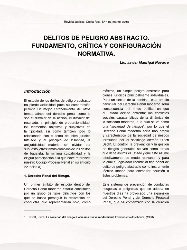 ARTICULO DELITOS PELIGRO ABSTRACTO FUNDAMENTO, CRÍTICA Y CONFIGURACIÓN NORMATIVA 2015 Javier ...