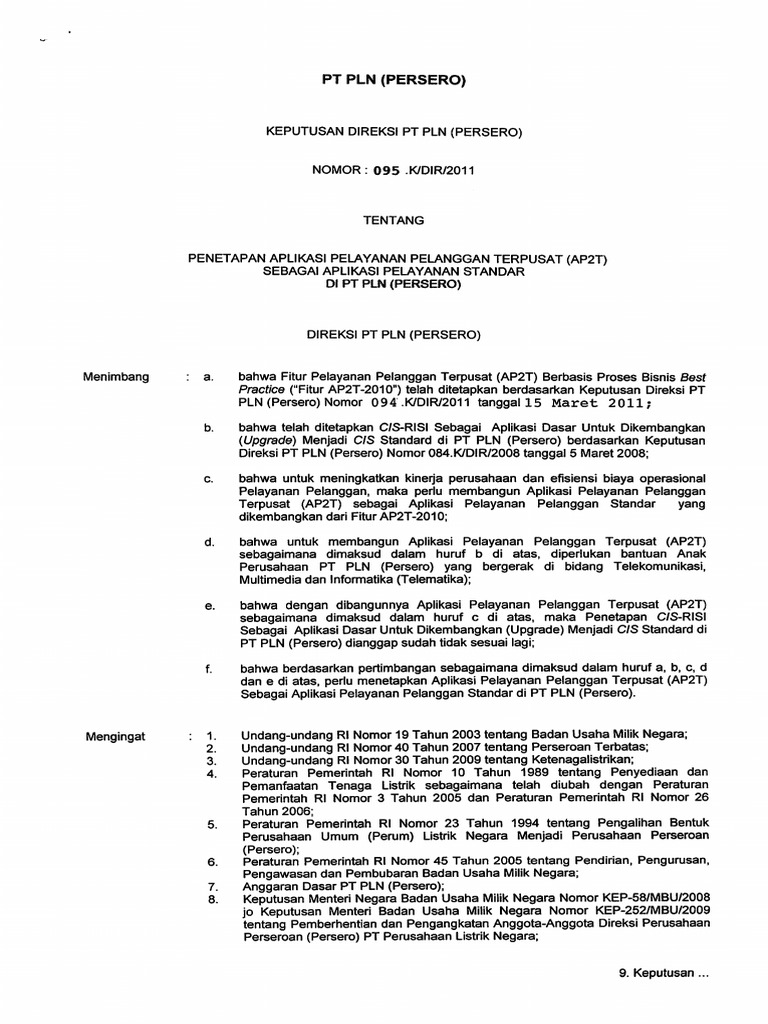 SK Direksi No. 095 Tentang Penetapan AP2T Sebagai Aplikasi Pelayanan ...