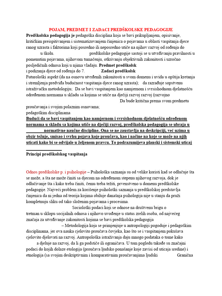 Pojam, Predmet I Zadaci Predškolske Pedagogije | PDF