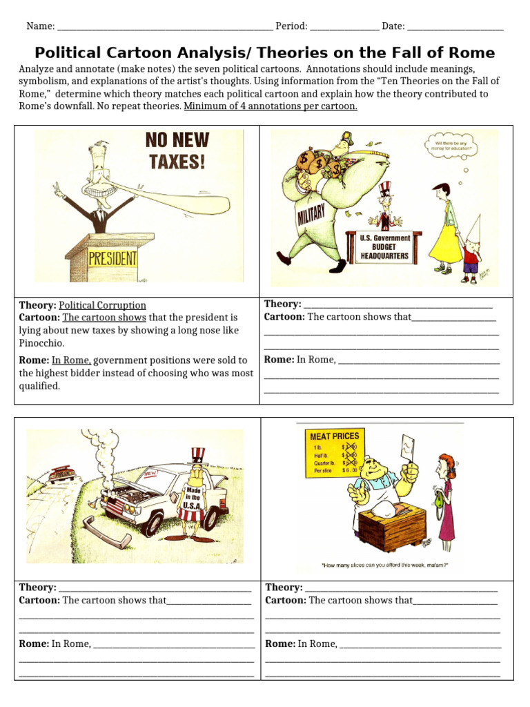 Political Cartoons For The Theories On Fall of Rome Worksheet | PDF