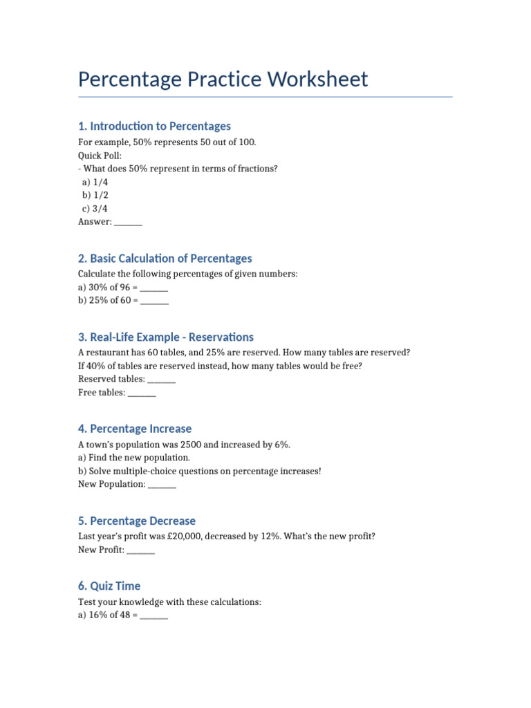 Percentage Worksheet | PDF