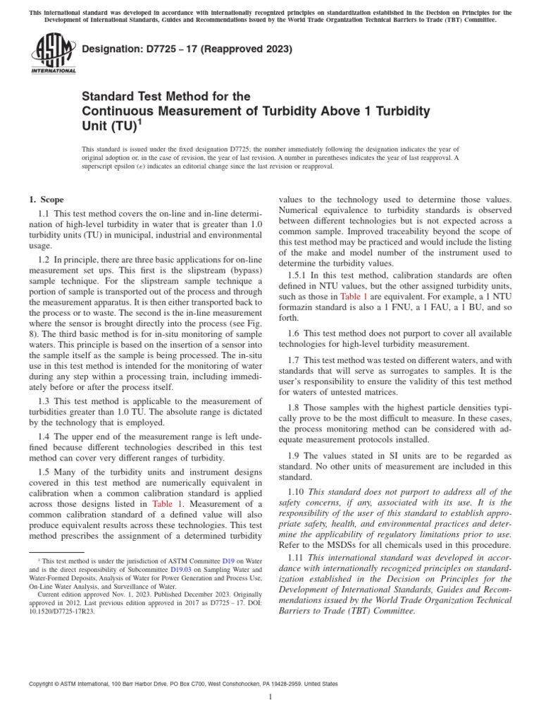 Continuous Measurement of Turbidity Above 1 Turbidity Unit (TU) | PDF ...
