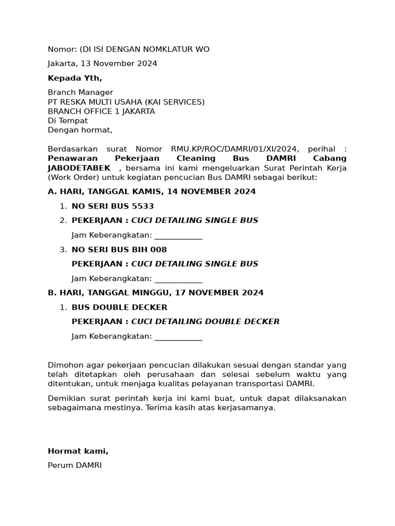 Draft Surat Work Order | PDF
