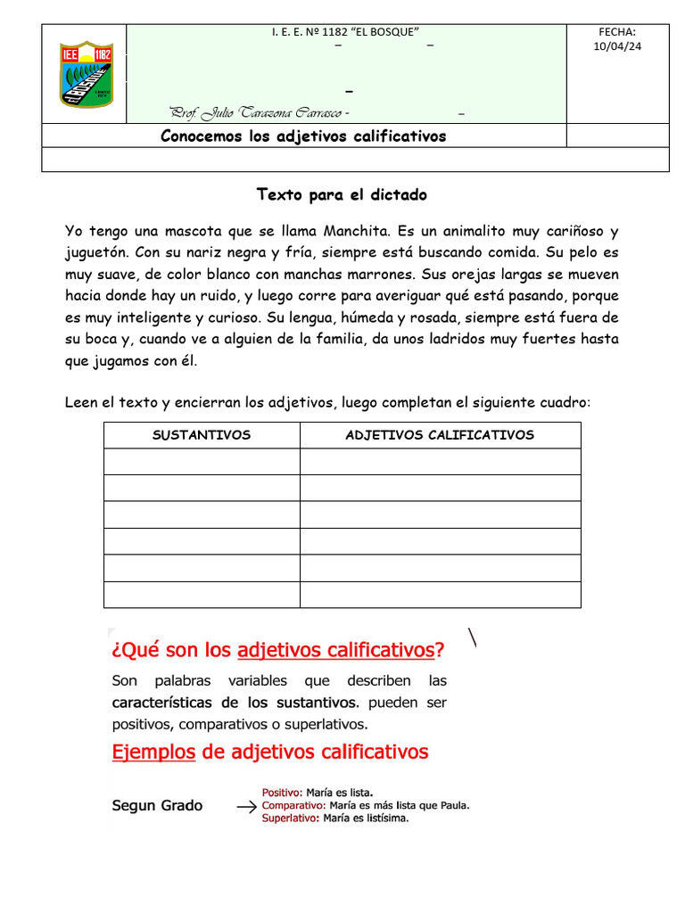 Fichas de Adjetivos para Cuarto Grado | PDF | Adjetivo | Lingüística
