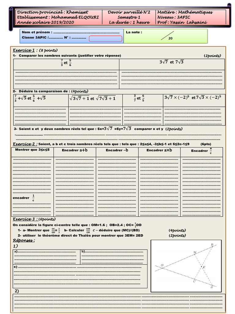 Devoir 2 Math 3college 1er Semestre Sections Internationales Option ...