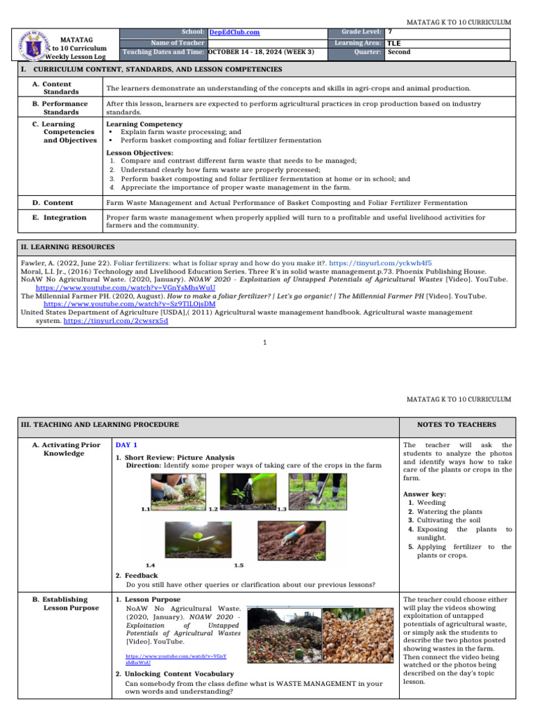 DLL Matatag - Tle 7 Q2 W3 | PDF | Waste | Compost