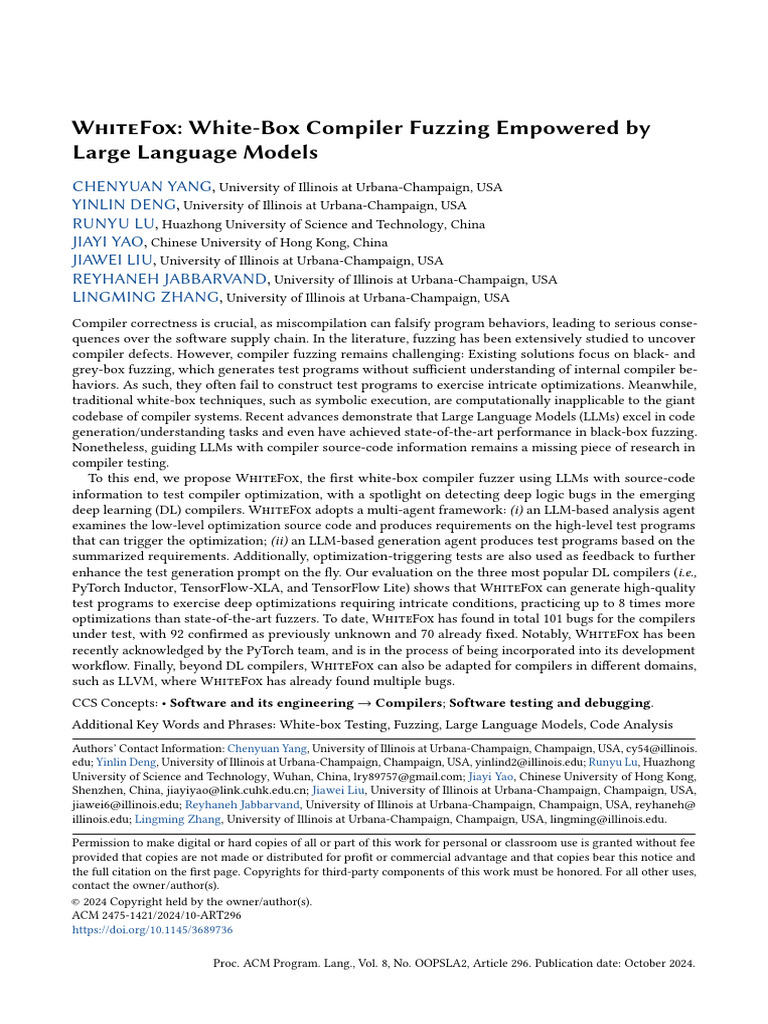 WhiteFox - White-Box Compiler Fuzzing Empowered by Large Language Models | PDF | Compiler | Unit ...