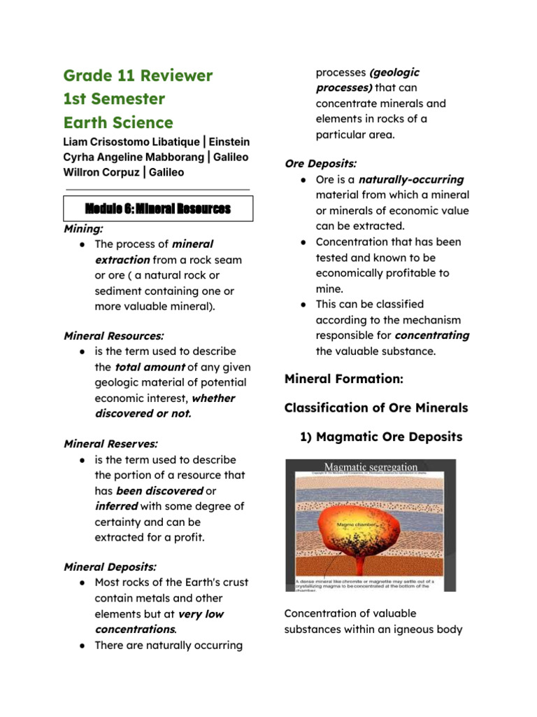 Grade 11 Earth Science: Mineral Resources | PDF | Ore | Rock (Geology)