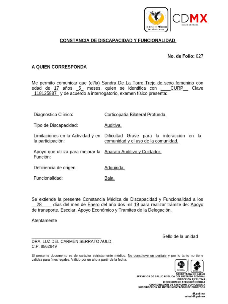 Constancia de Discapacidad Y Funcionalidad 280119 | PDF